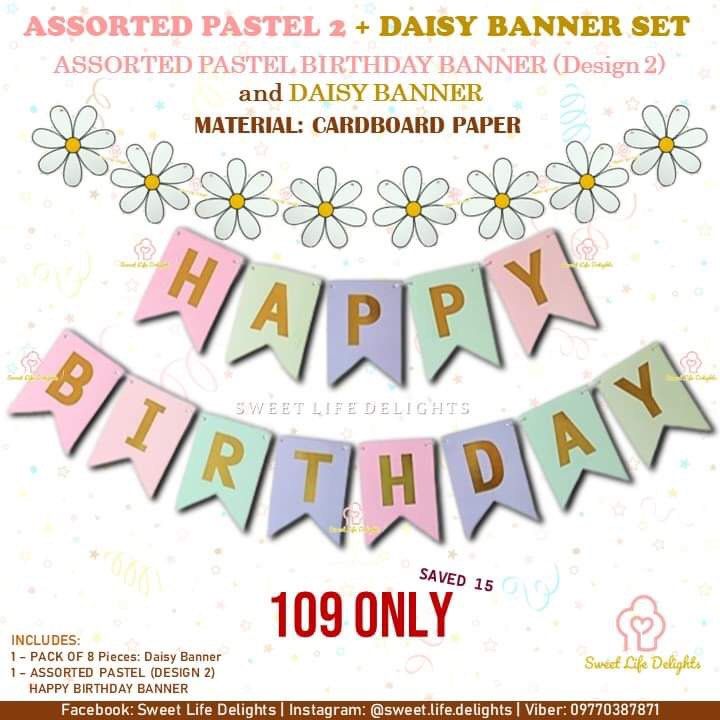 Happy Birthday Banner + Daisy Flower Banner Set, Happy Birthday Banner ...