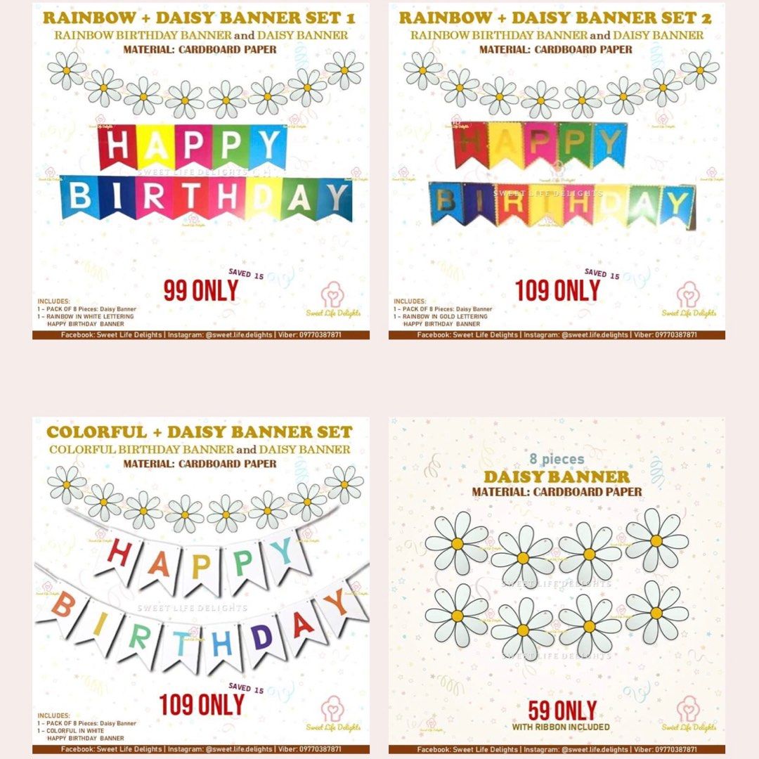 Happy Birthday Banner + Daisy Flower Banner Set, Happy Birthday Banner ...
