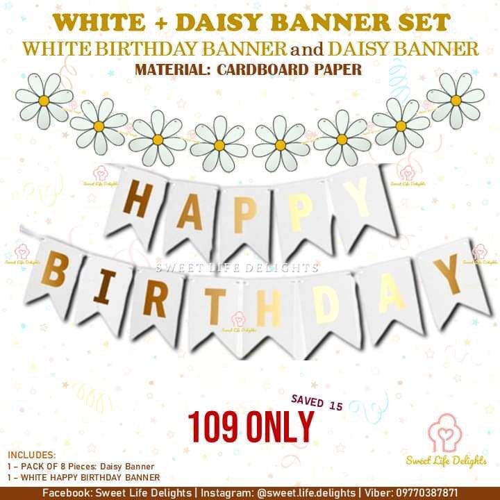 Happy Birthday Banner + Daisy Flower Banner Set, Happy Birthday Banner ...
