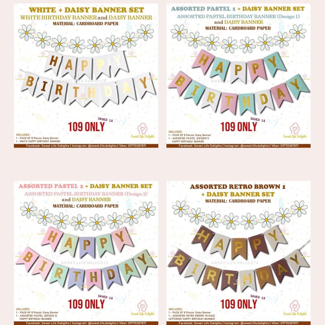 Happy Birthday Banner + Daisy Flower Banner Set, Happy Birthday Banner ...
