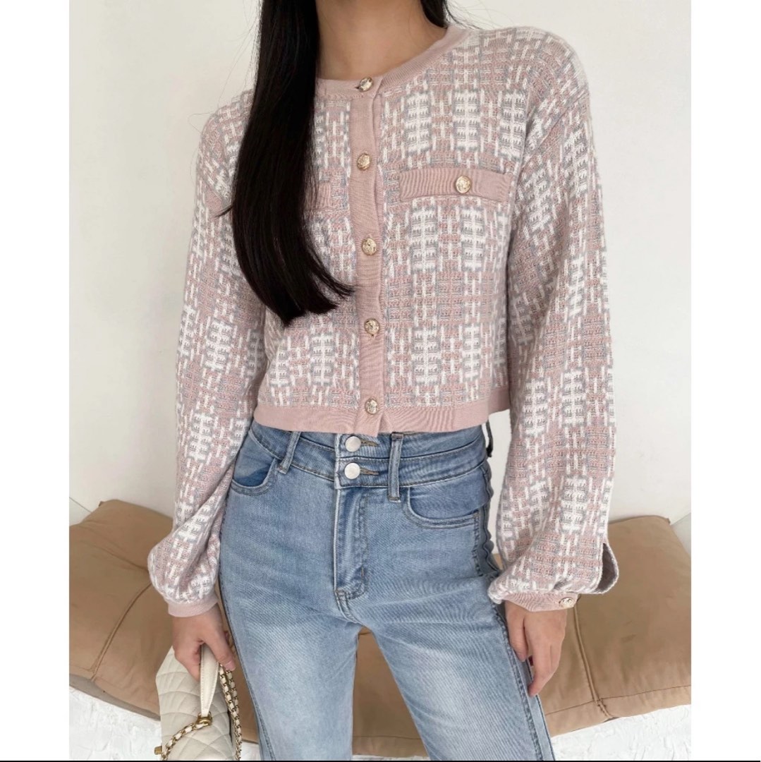 Modelano Pink Coco Tweed Knit Top, Fesyen Wanita, Pakaian Wanita ...