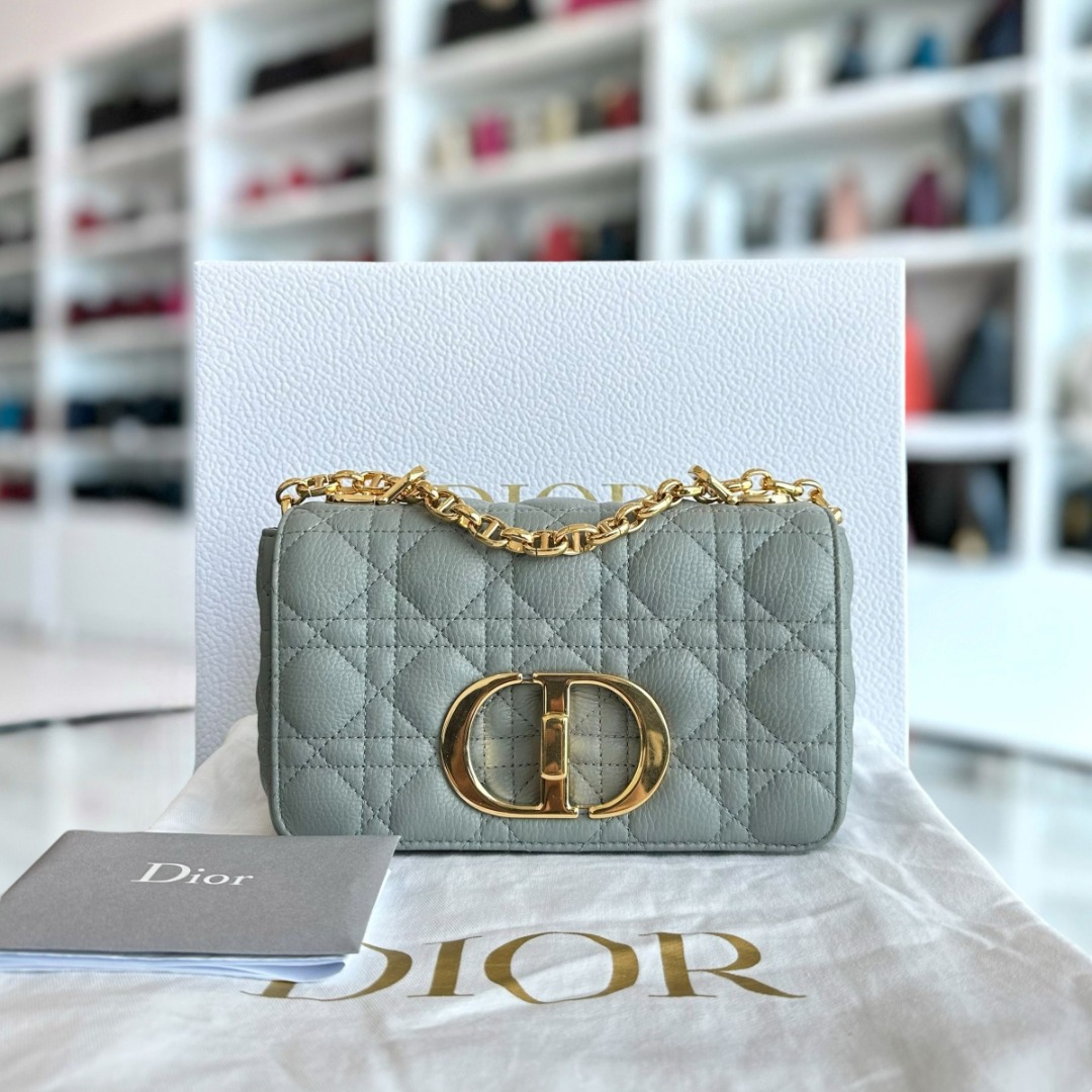*Full Set, Receipt* Dior Caro Small Cannage Grained Calfskin Haze Blue ...