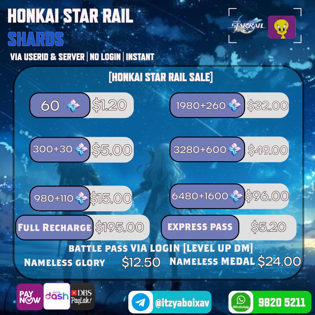 [8080 $96]Honkai Star Rail Oneiric Shards | Honkai Star Rail Topup ...