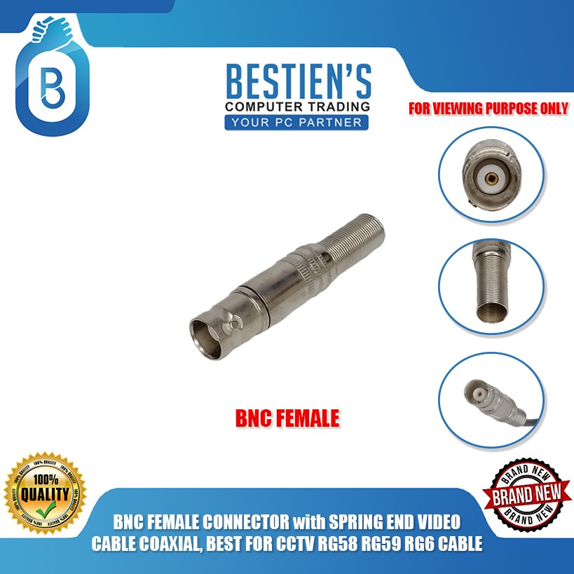 BNC FEMALE CONNECTOR with SPRING END VIDEO CABLE COAXIAL, BEST FOR CCTV ...