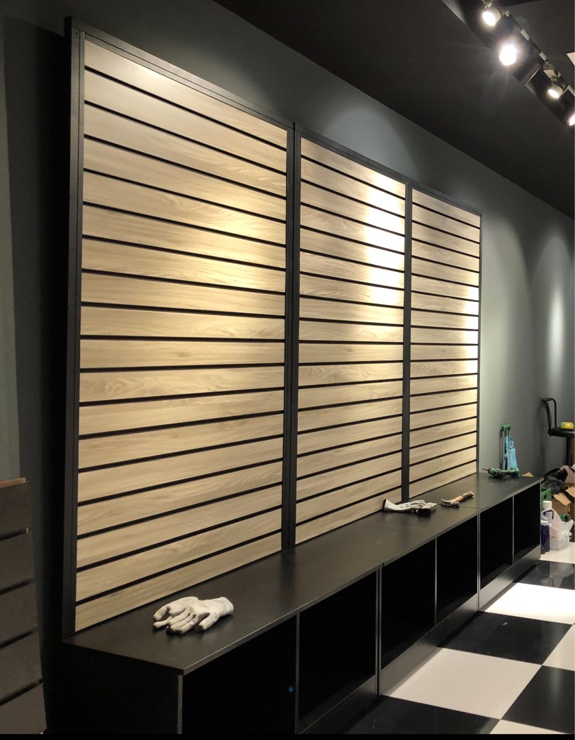 Slatwall panel with storage cabinet below, Furniture & Home Living ...