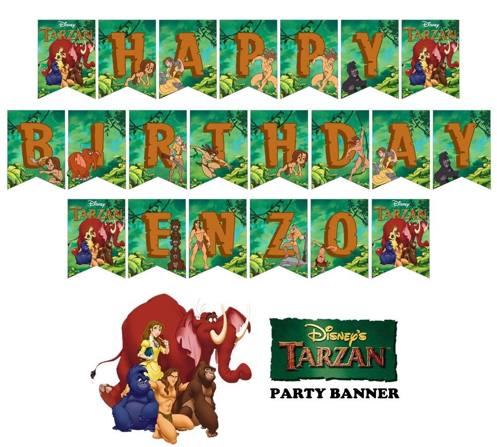 Tarzan Jungle Theme Birthday Party Banner Cupcake Cake Topper ...