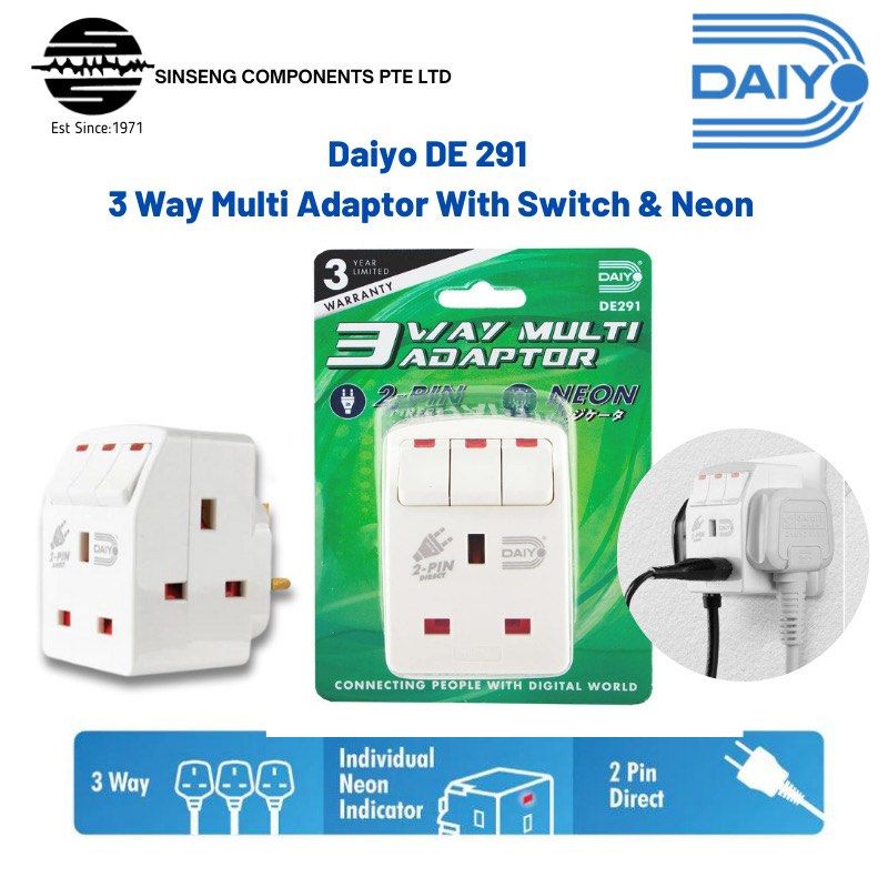 Daiyo DE291 3 Way Multi Adapter Plug Socket With Switch & Neon Light ...