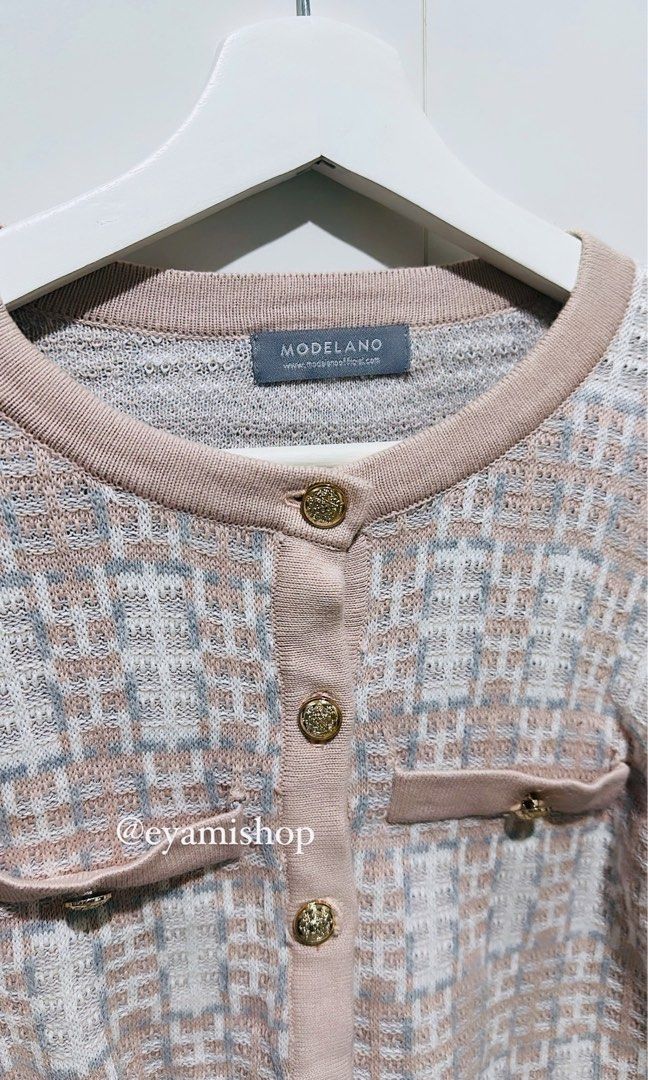 Modelano Pink Coco Tweed Knit Top, Fesyen Wanita, Pakaian Wanita ...