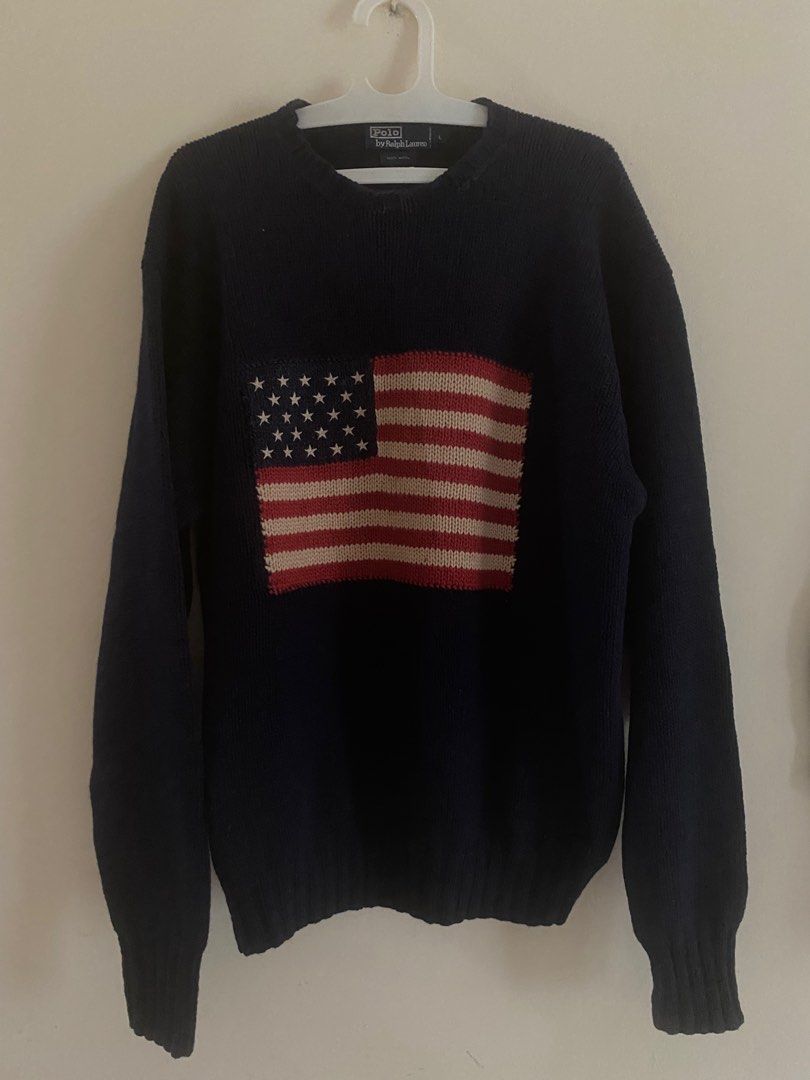 Oversized navy US flag sweater by Polo Ralph Lauren, Fesyen Pria ...