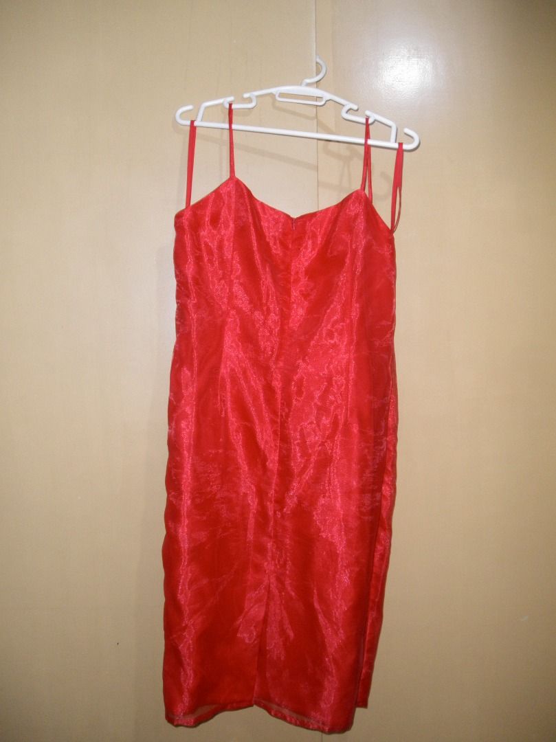 Red Shantung Filipiniana Spaghetti Strap Gown, Women's Fashion, Dresses ...