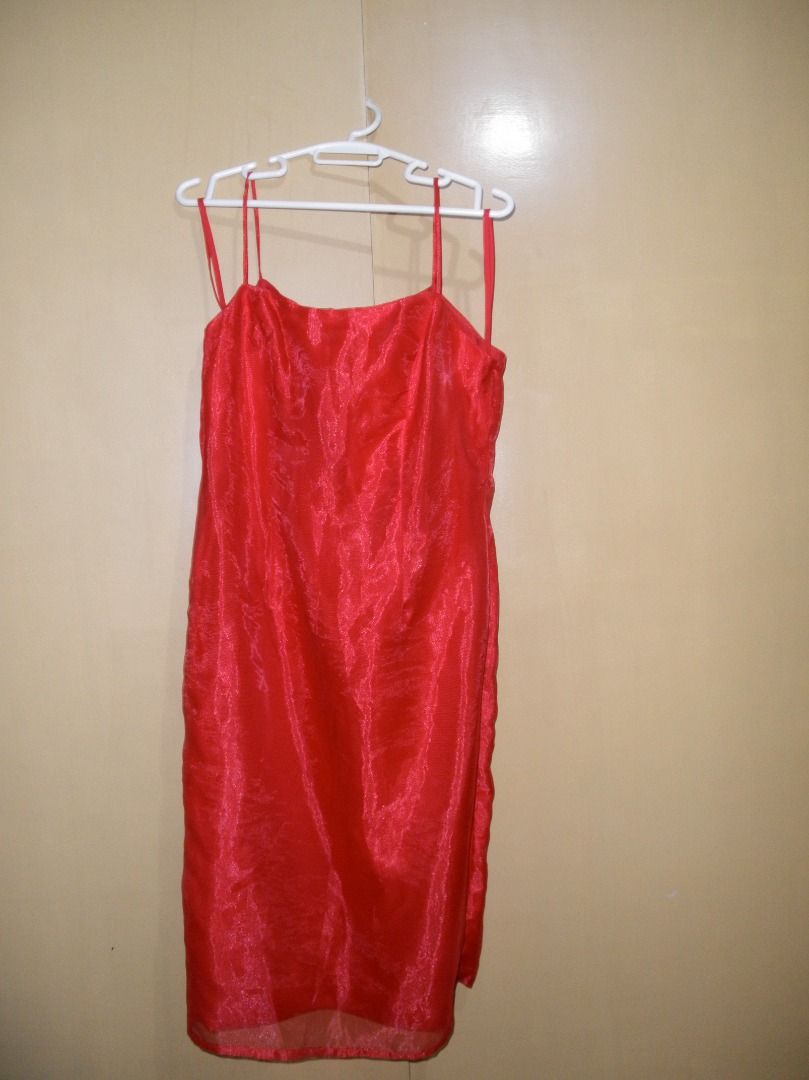 Red Shantung Filipiniana Spaghetti Strap Gown, Women's Fashion, Dresses ...