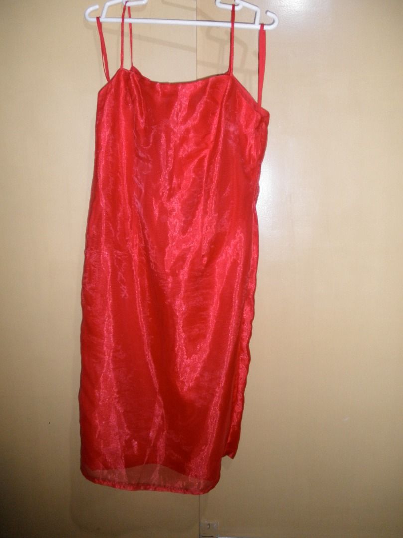 Red Shantung Filipiniana Spaghetti Strap Gown, Women's Fashion, Dresses ...