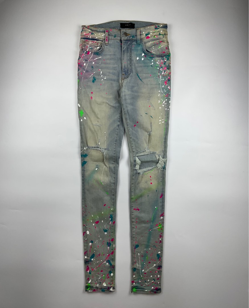 Amiri S/S'19 Distressed Paint Splatter Denim, Men's Fashion, Bottoms ...