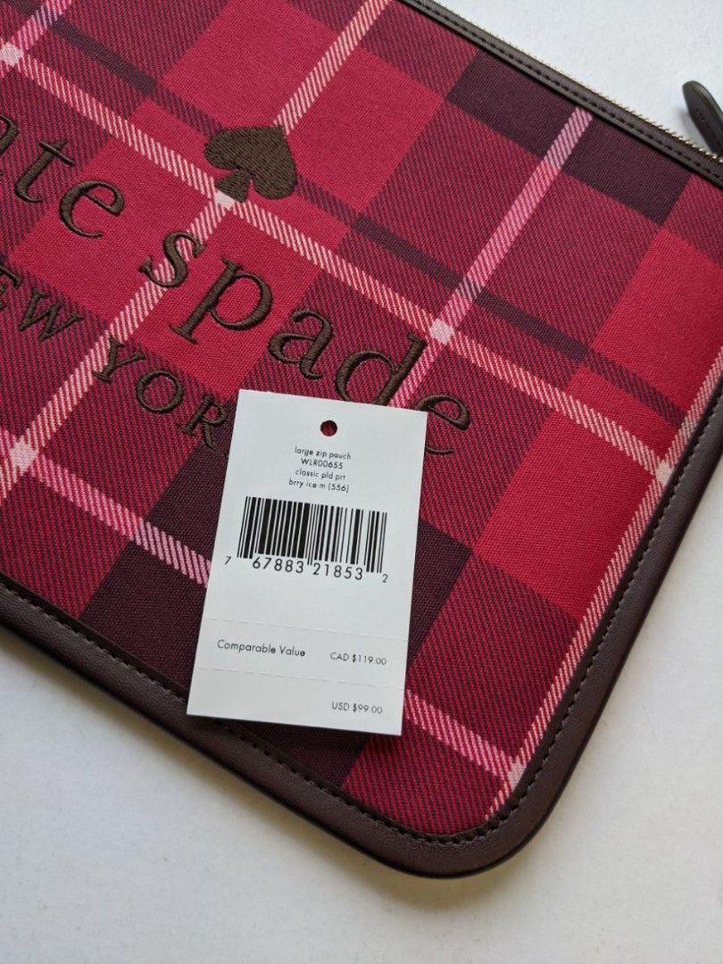 Kate Spade Large Zip Pouch in Classic Plaid, Women's Fashion, Bags ...