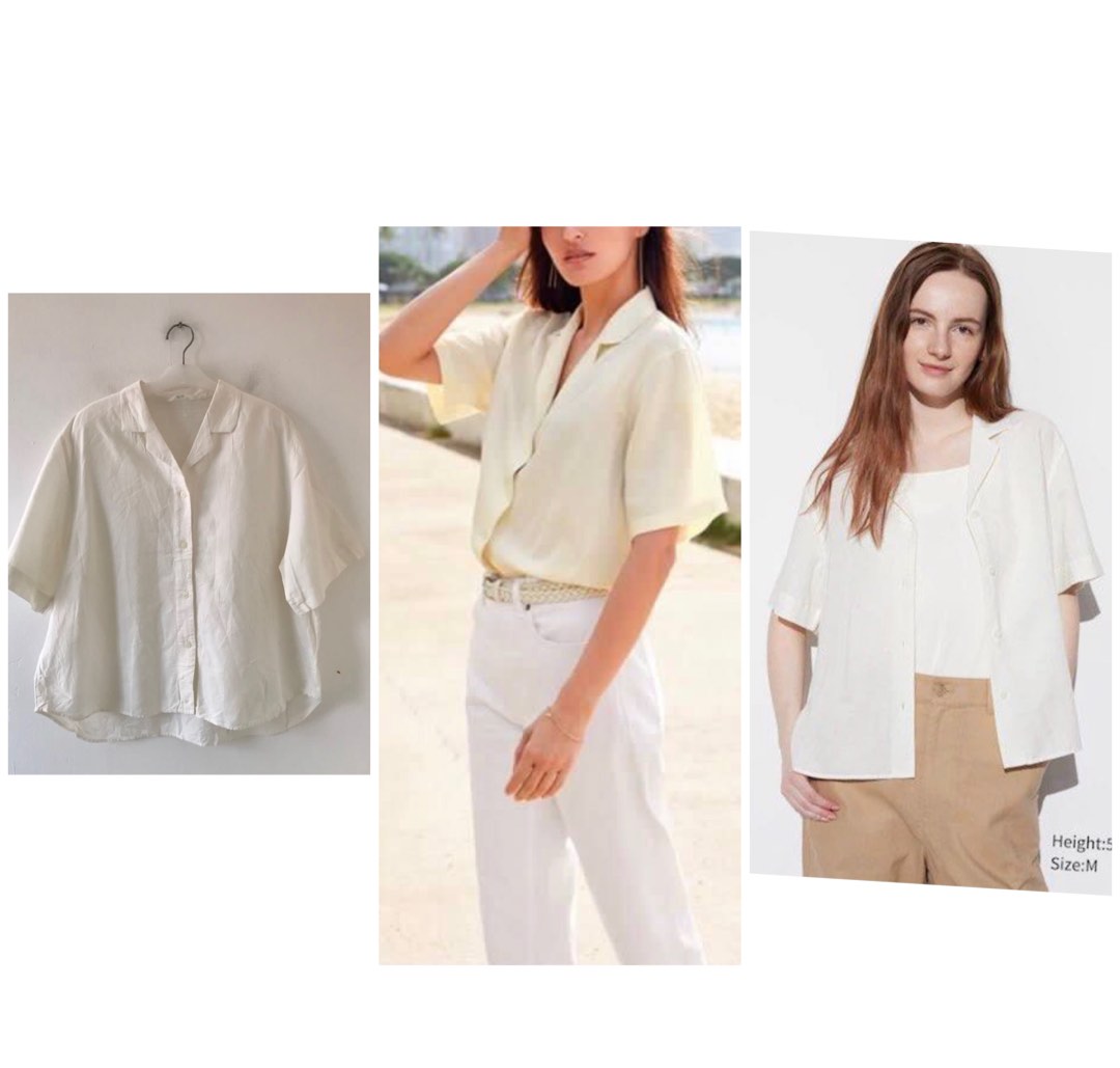Uniqlo Kemeja linen Blend kerah terbuka Lengan pendek Off White XL ...