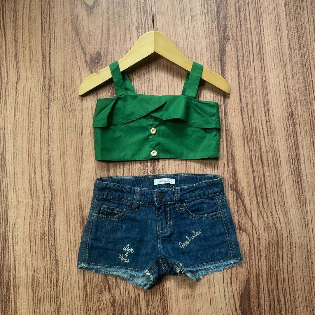 3-4Y SHEIN GREEN CROP TOP & FOX BROIDERED RIPPED SHORT DENIM SETS, Bayi & Anak, Baju Anak ...