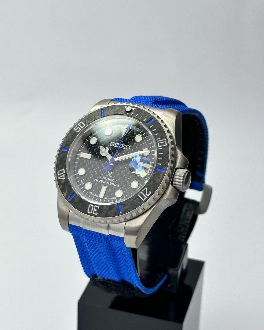 Custom Seiko Mod 40mm Blue Carbon Titanium Submariner on Velcro Automatic Watch, Men's Fashion ...