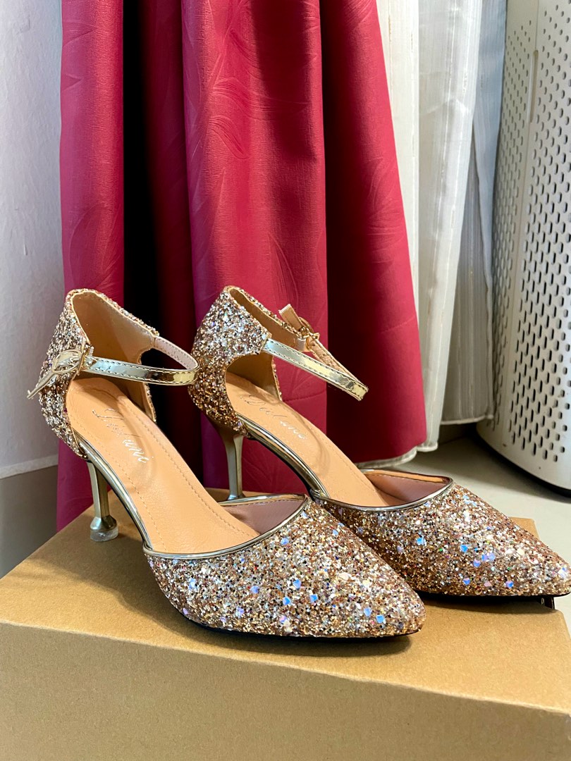 Gold Glitter Sequin High Heels Ankle Strap with Dust Bag Size US 5.5/EU ...