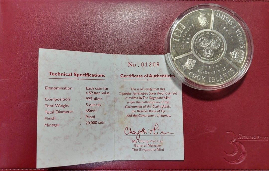 1998 Tripartite Fan shape silver proof coin (Cook, Fiji, Samoa ...