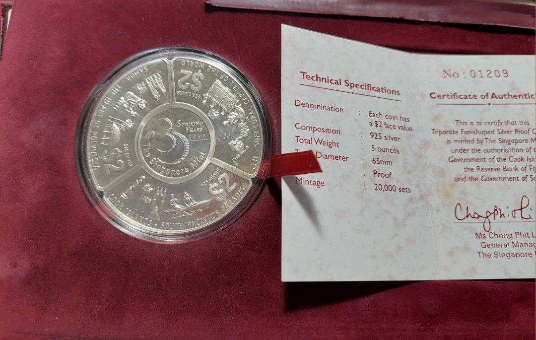 1998 Tripartite Fan shape silver proof coin (Cook, Fiji, Samoa ...