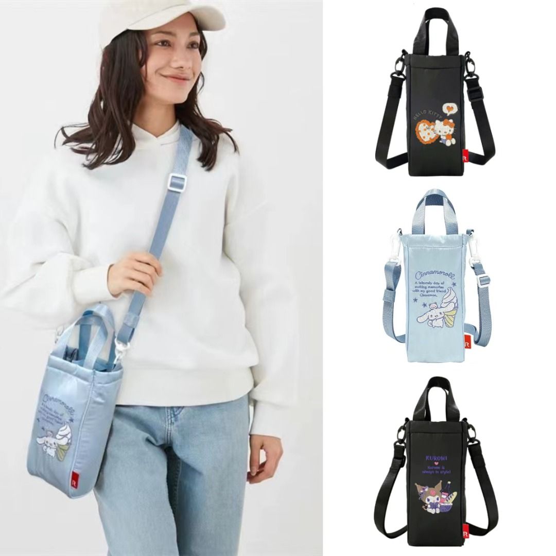 日本 ROOTOTE X SANRIO KUROMI / HELLO KITTY / CINNAMOROLL 黑藍色帆布 直身 水壺 斜咩袋, 女裝, 手袋及銀包, 多用途袋 - Carousell
