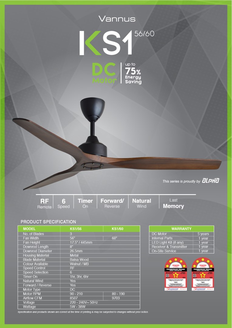 ALPHA VANNUS - KS1 3B 60-Inch DC Motor Ceiling Fan (Walnut), TV & Home ...