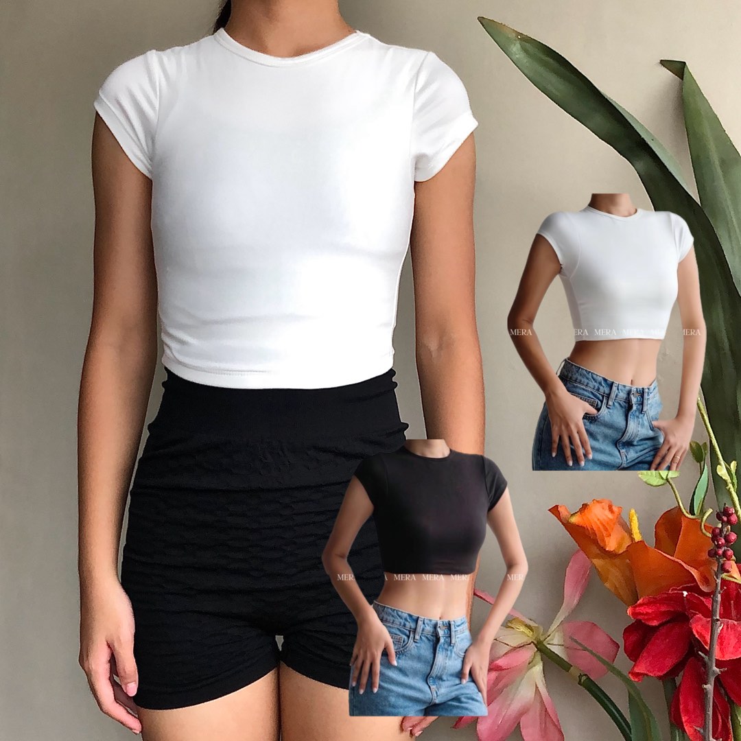 MERA Lila Crop Top Double Lined Fitted Black White Tee Body Hugging ...