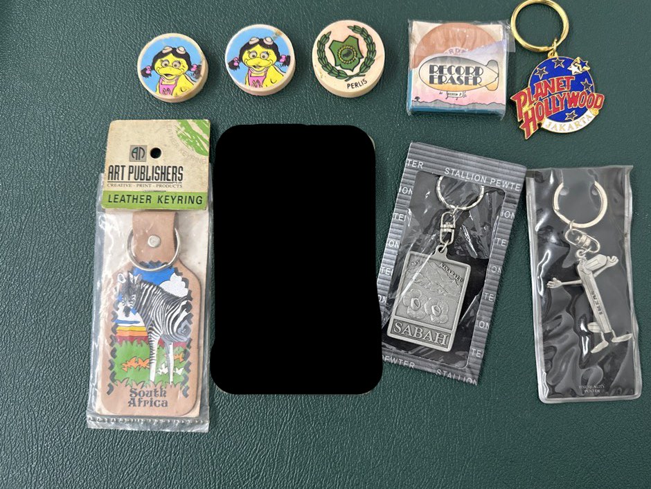 Vintage keychain and erasers pewter. McDonald. Sabah . Leather. Planet ...