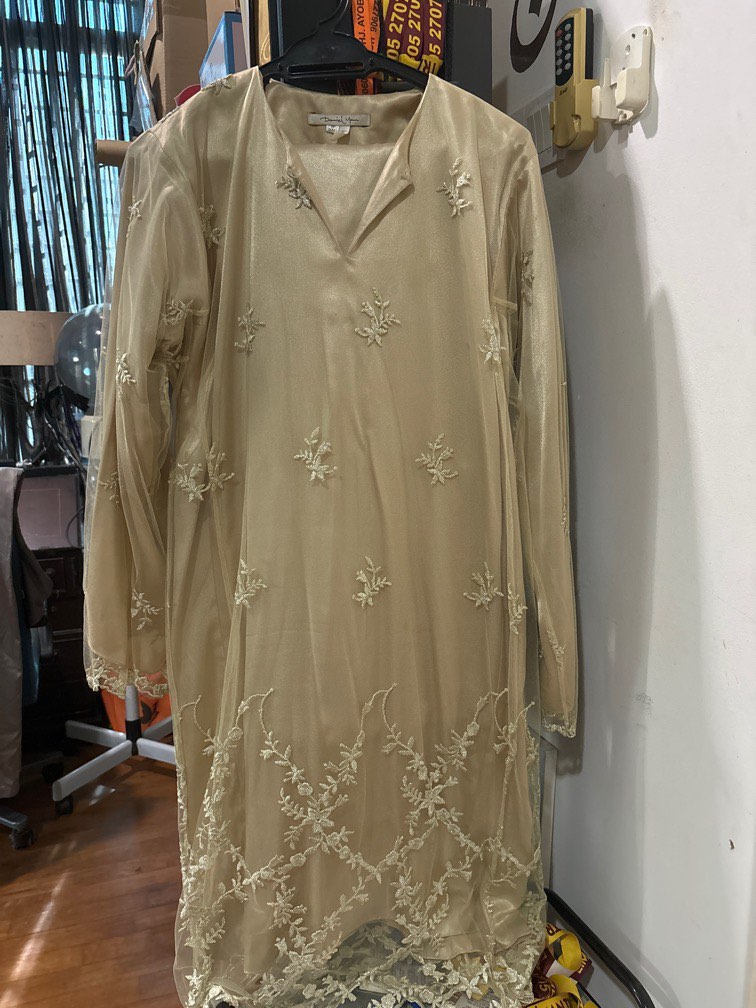 Baju Kurung Gold Champagne with Embroidery, Women's Fashion, Muslimah ...