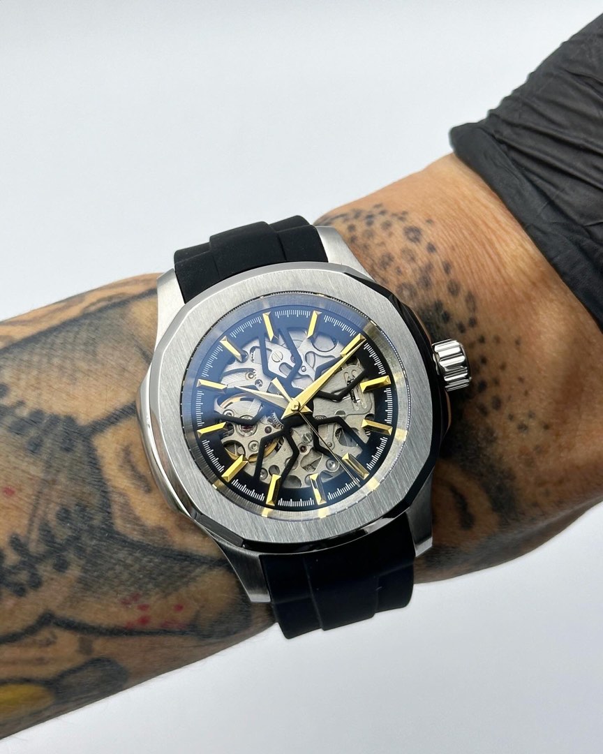 Custom Seiko Mod 40mm Black/Silver Skeleton Nautilus with Gold ...
