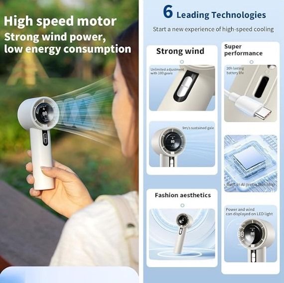 Portable Handheld Turbo Fan - 100 Speeds Adjustable USB Rechargeable ...