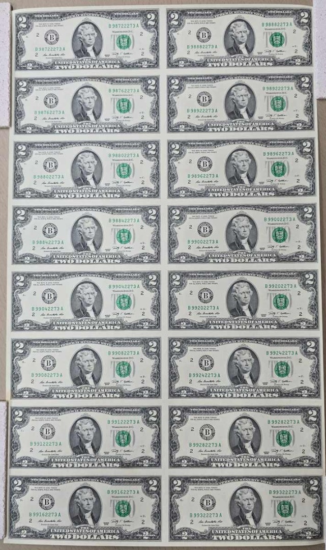 2009 Uncut Sheet x16 US$2 US Two Dollar Bill Notes, Hobbies & Toys ...