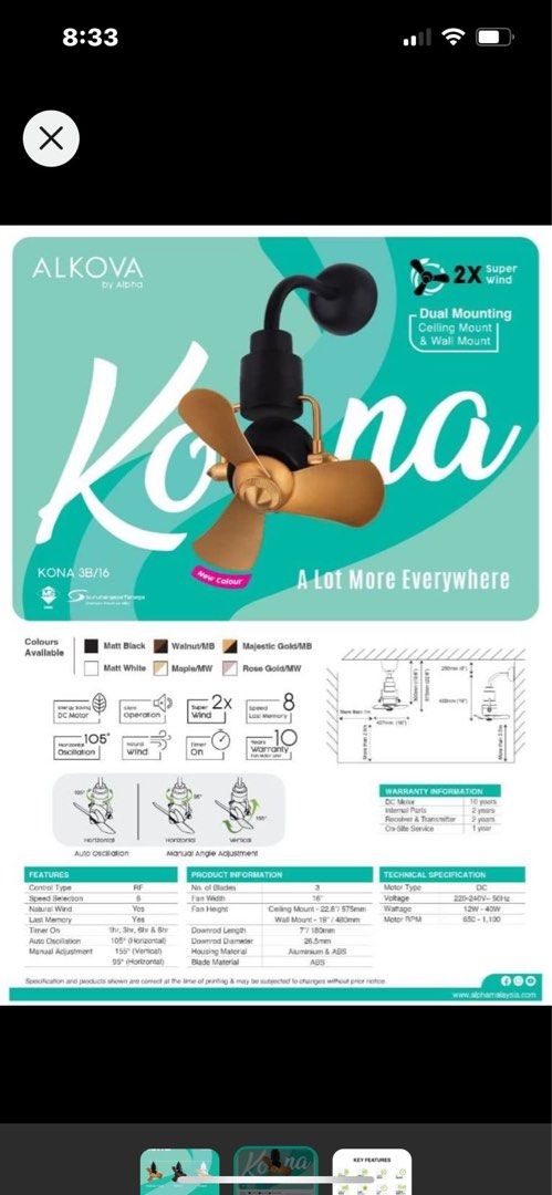 Alkova KONA, Furniture & Home Living, Lighting & Fans, Fans on Carousell