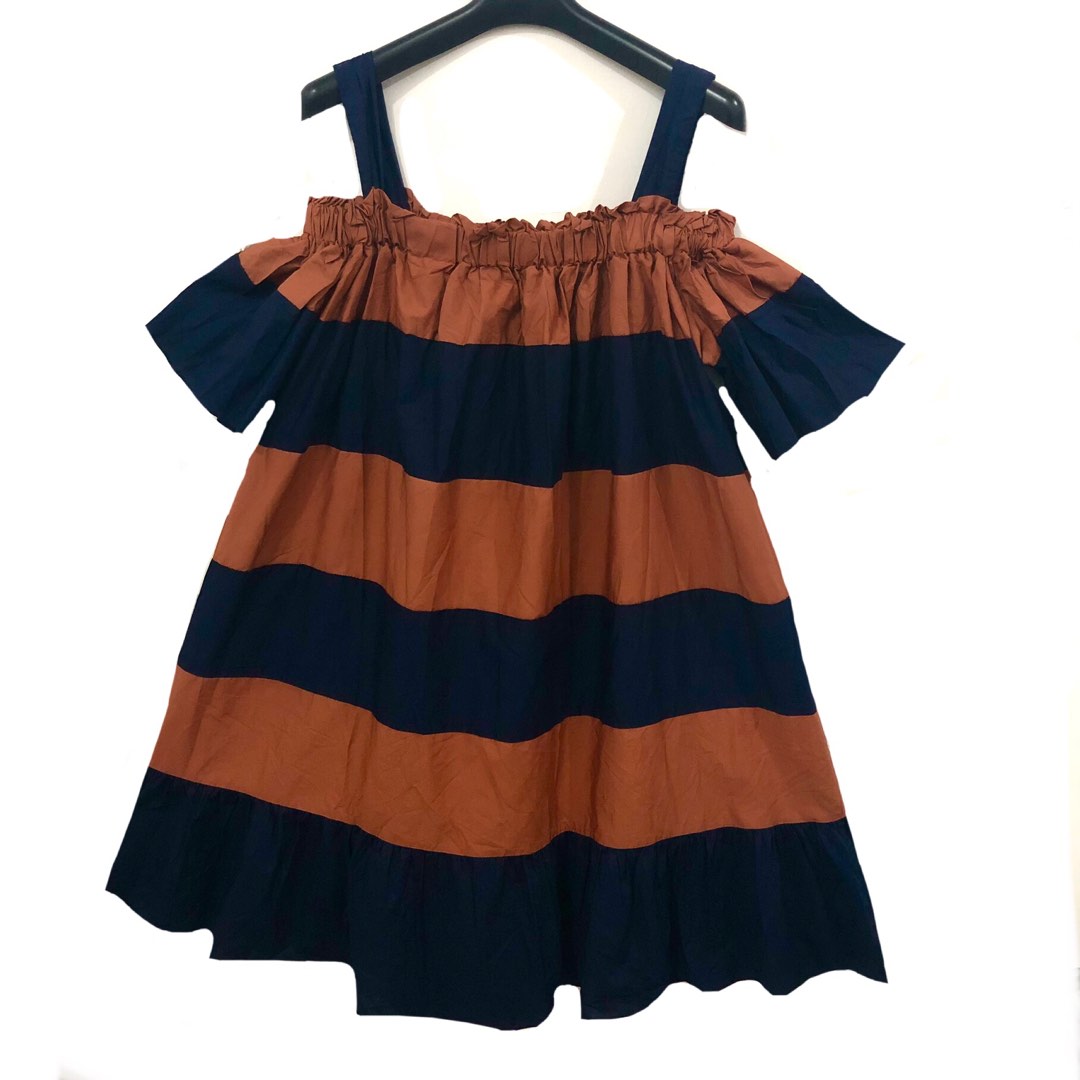 Annabel Korea Poplin Striped Gartered Midi Dress, Women's Fashion ...