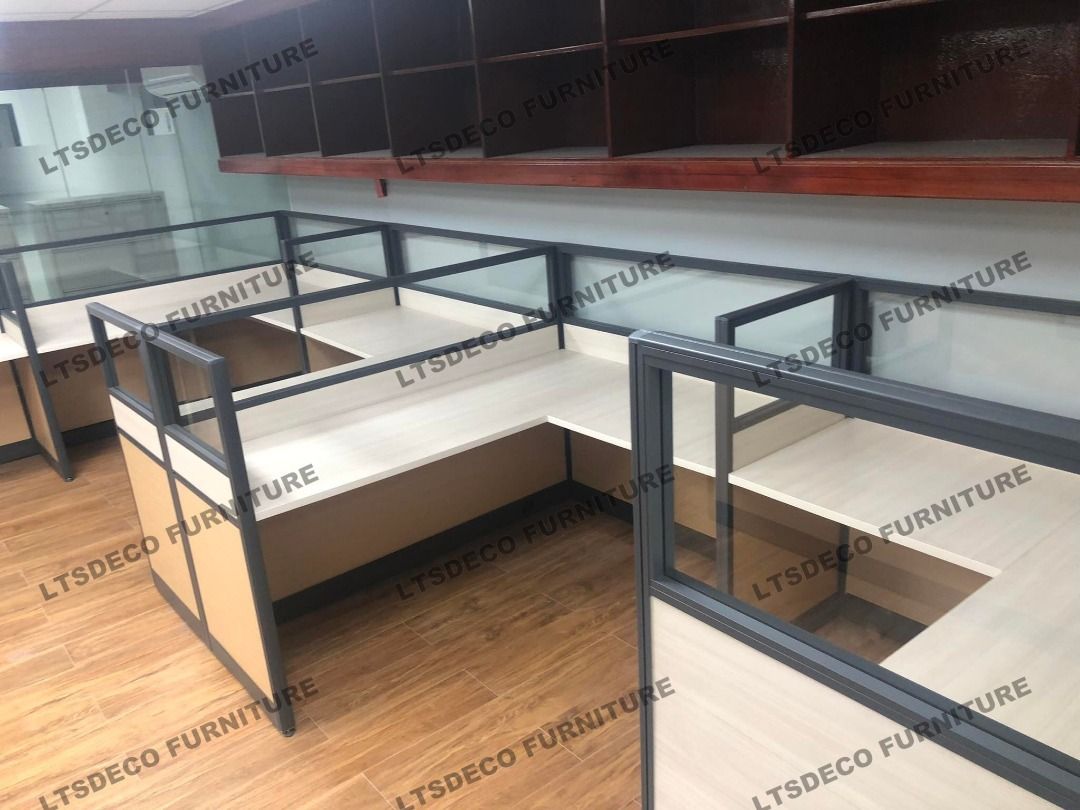 FULL LAMINATED L-SHAPE WORKSTATION WITH GLASS PANEL | OFFICE PARTITION ...