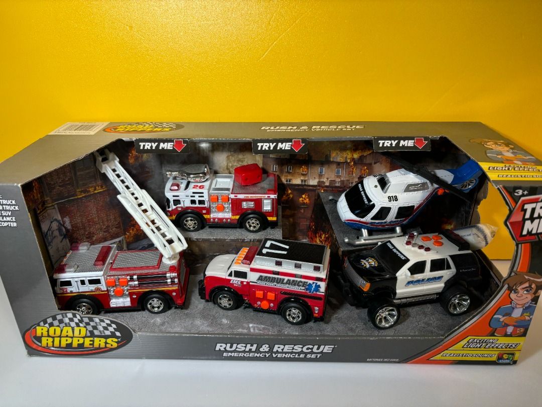 Road Rippers道路緊急救援 5 聲光車套裝 - 救護車、消防車、警用 SUV、雲梯車 和直升機 RUSH & RESCUE ...