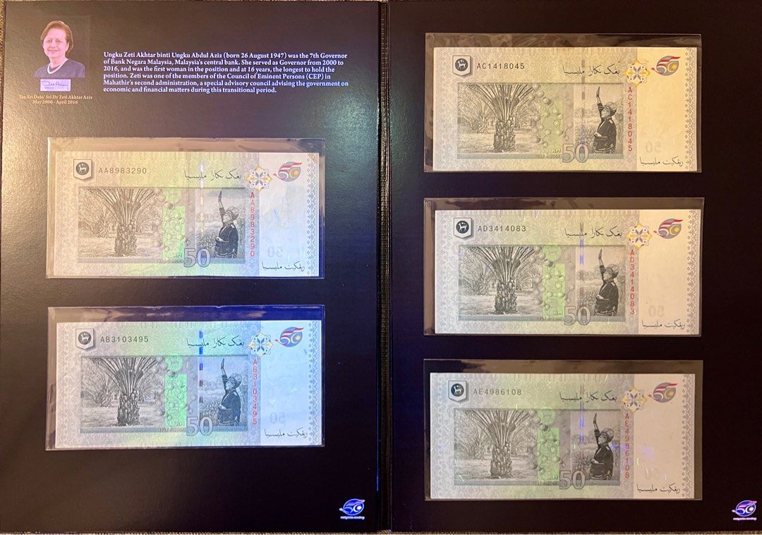 COMPLETE SET of 50th Merdeka Commemorative RM50 Notes (Prefixes AA-AE ...