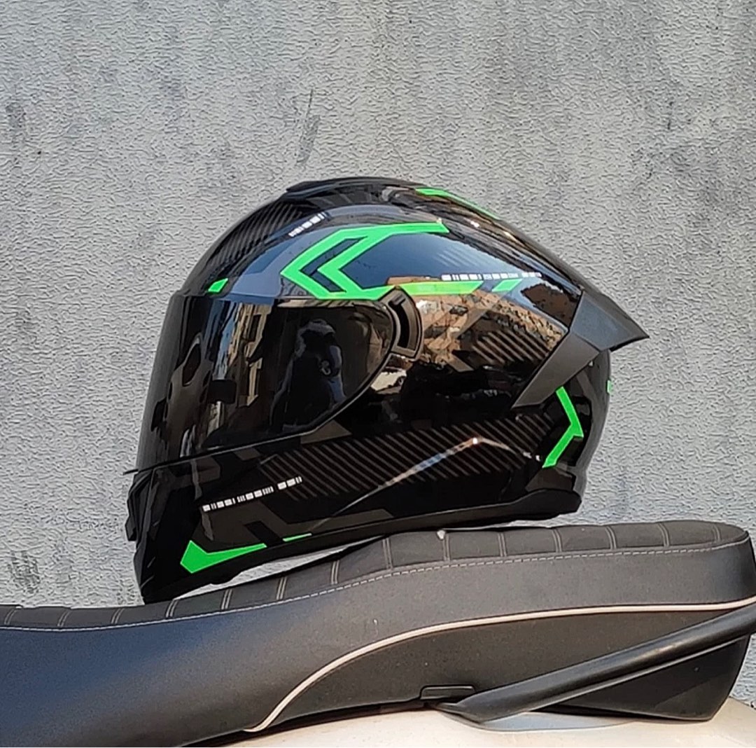 Black with Green and Carbon Fibre Full Face Fin Motorcycle Helmet ...