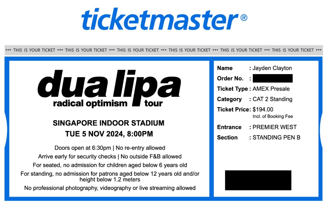 1x CAT 2 Ticket - Dua Lipa Radical Optimism Tour (5th Nov, 2024 ...