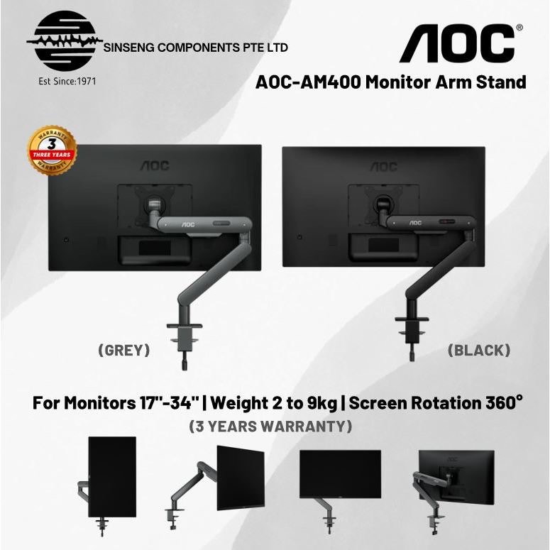 AOC AM400 C-Clamp and Grommet Desk-Mount Single Monitor Arm Bracket - for TV / Monitor: 17"-34 ...