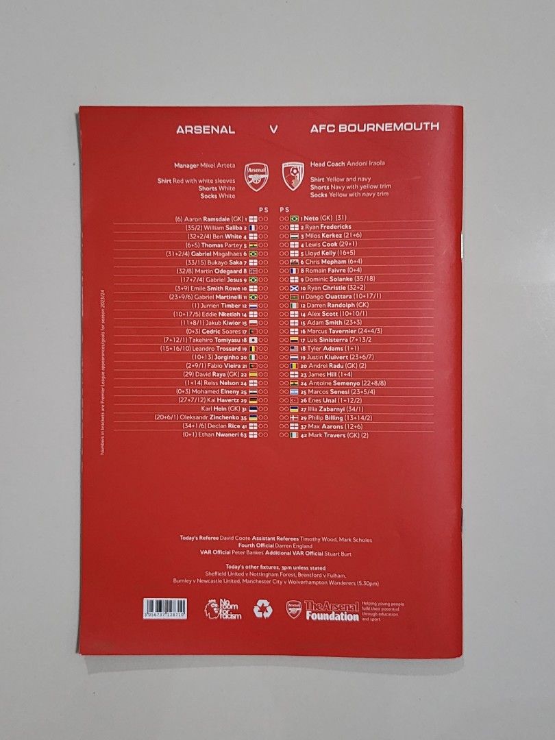 Arsenal v Bournemouth Official Matchday Programme 04-05-24 Saturday 4th ...