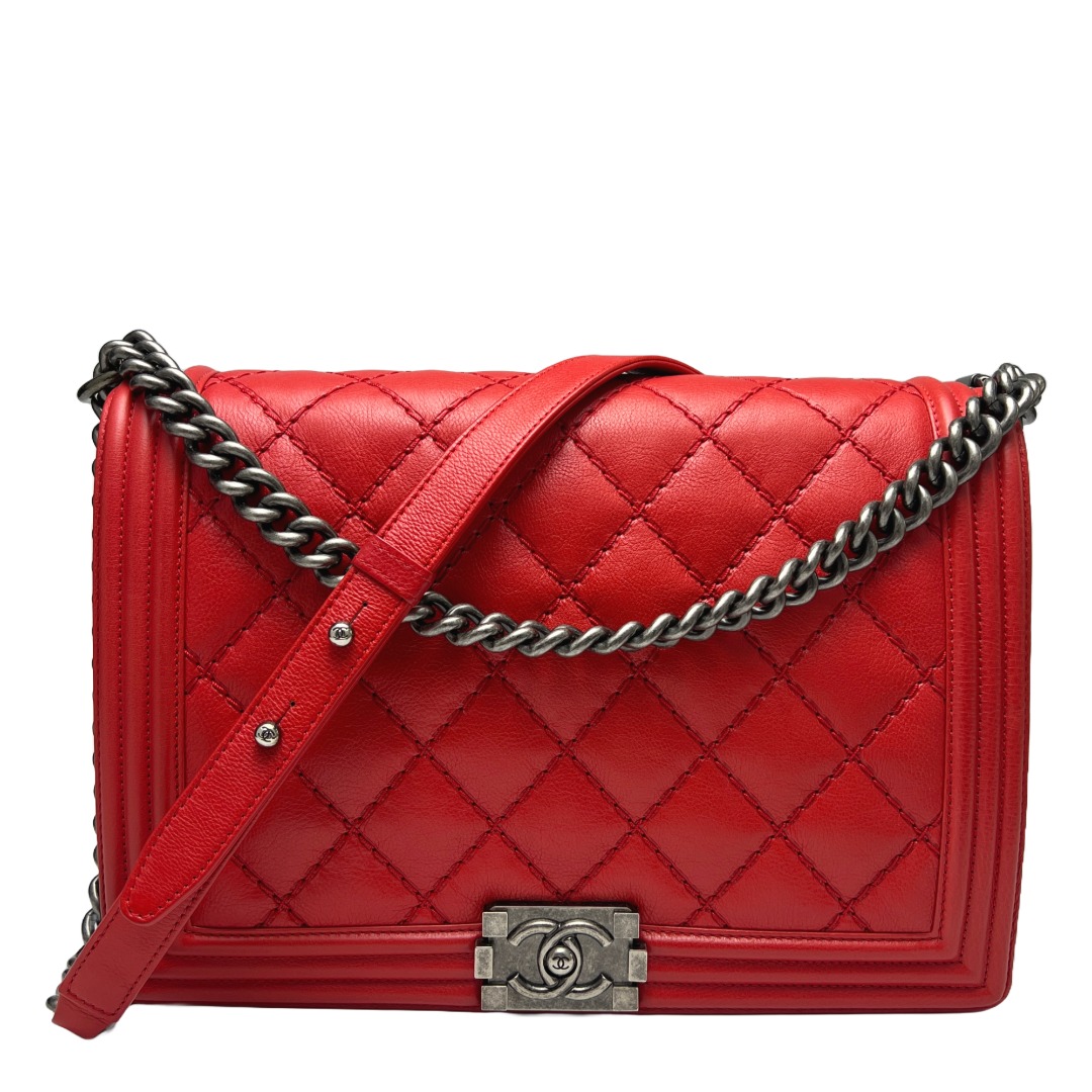 Chanel Red Diamond Stitch / Ultra Stitch Calfskin Leather Large Boy Bag ...