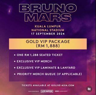 Bruno Mars KL VIP GOLD A2, Tickets & Vouchers, Event Tickets on Carousell