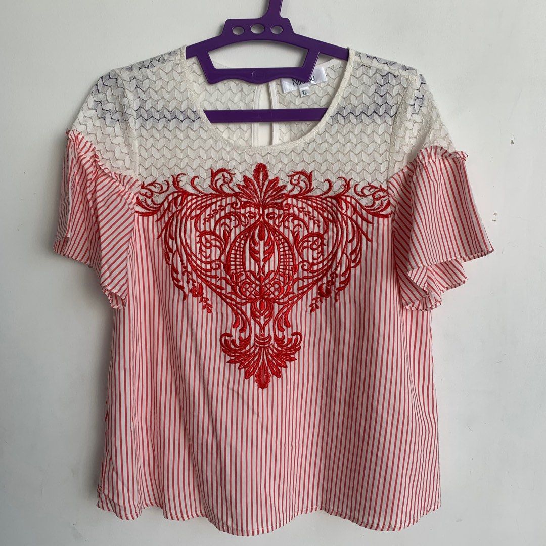 Nikkou Stripe Blouse Merah Putih Lace, Fesyen Wanita, Pakaian Wanita ...