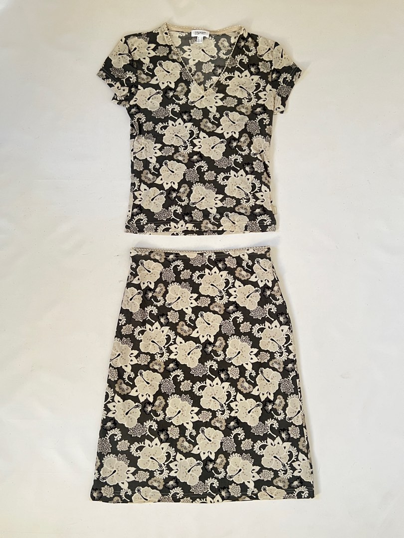 Vintage Esprit hibiscus print sage green matching set, Women's Fashion ...