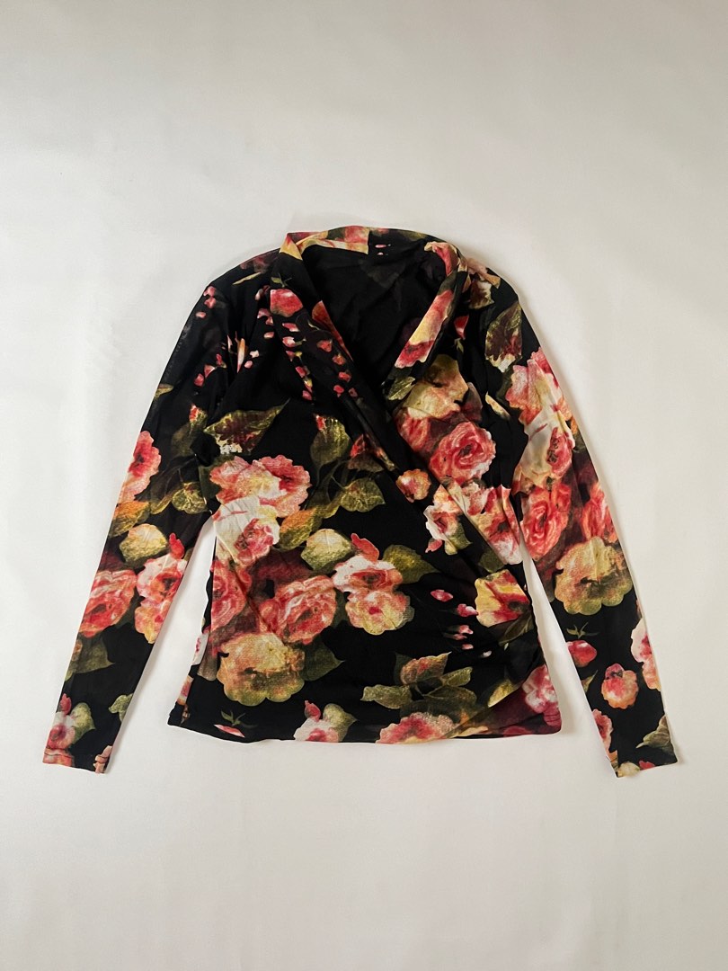 vintage rose flower prints overlapping mesh top, Women's Fashion, Tops ...