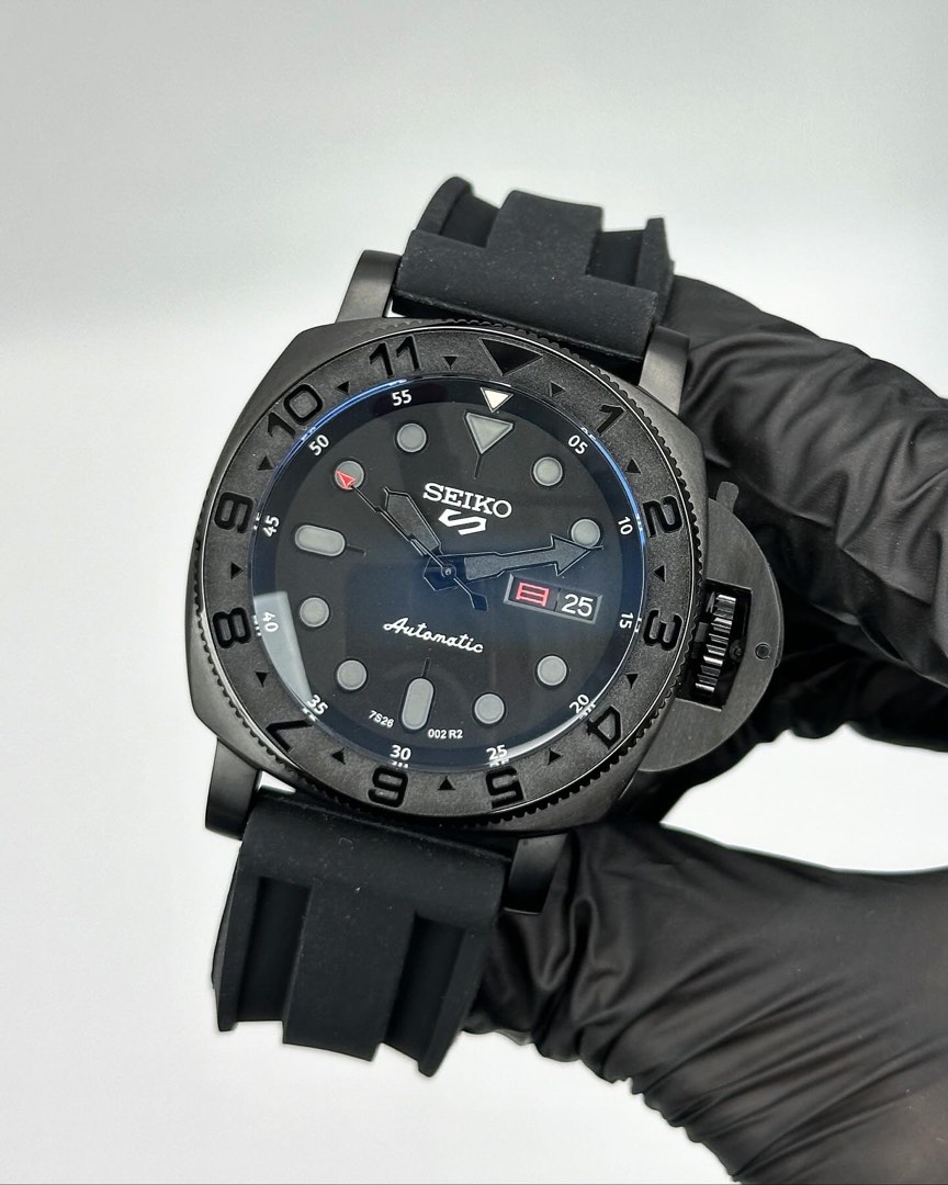 Custom Seiko Mod 42mm Full Black Dual-Time PAM Automatic Watch, Men's ...