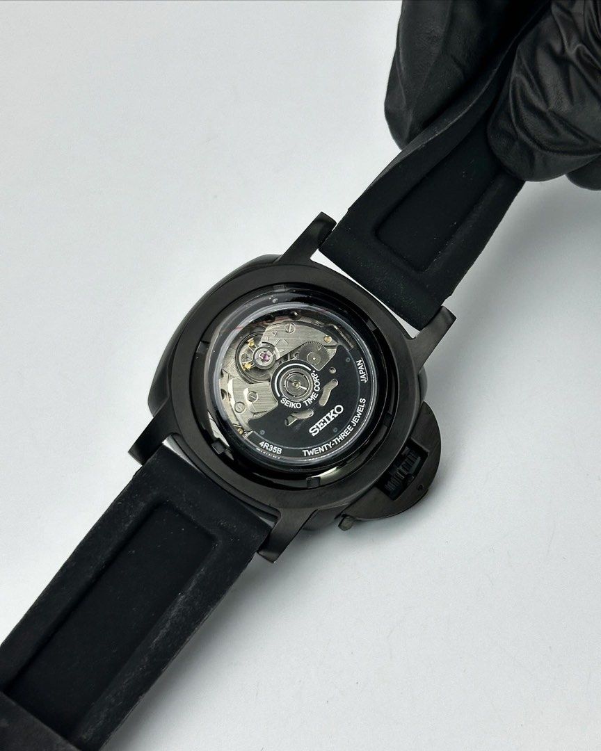 Custom Seiko Mod 42mm Full Black Dual-Time PAM Automatic Watch, Men's ...