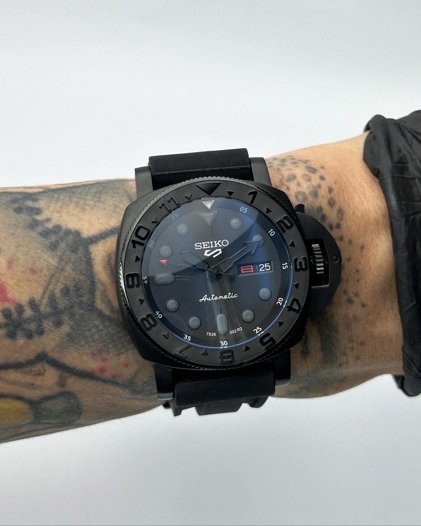 Custom Seiko Mod 42mm Full Black Dual-Time PAM Automatic Watch, Men's ...