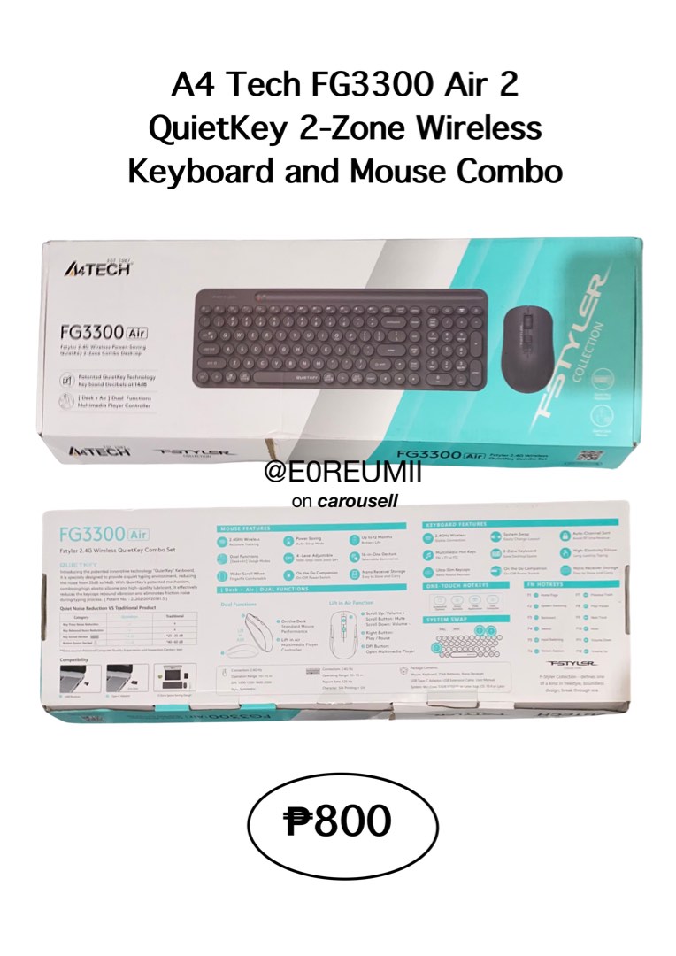 A4 Tech FG3300 Air 2 QuietKey 2-Zone Wireless Keyboard and Mouse Combo, Computers & Tech, Parts ...